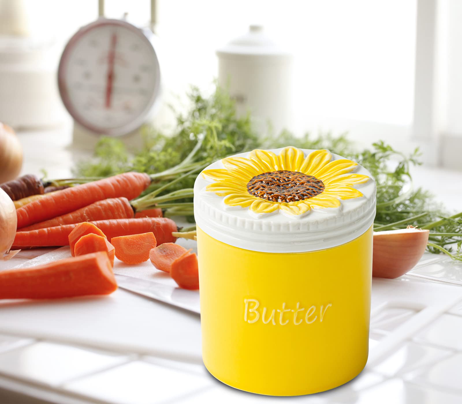 Sunflower Butter Crock Butter Keeper French Butter Dish Ceramic Cup Butter Holder With Water Line Non-Slip Design