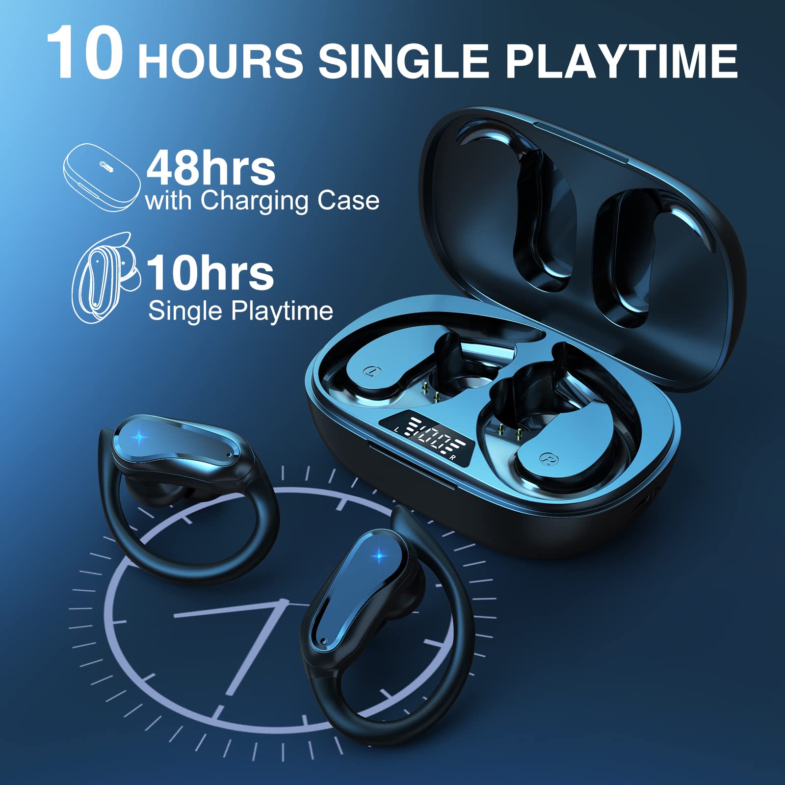 Wireless Earbuds, IPX7 Waterproof Bluetooth 5.1 Earbuds 48Hrs Working Time,QTREE 10Hrs Single Playtime Running Headphones with Earhooks,Over-Ear HiFi Stereo for Workout/Gym/Outdoor(Black)