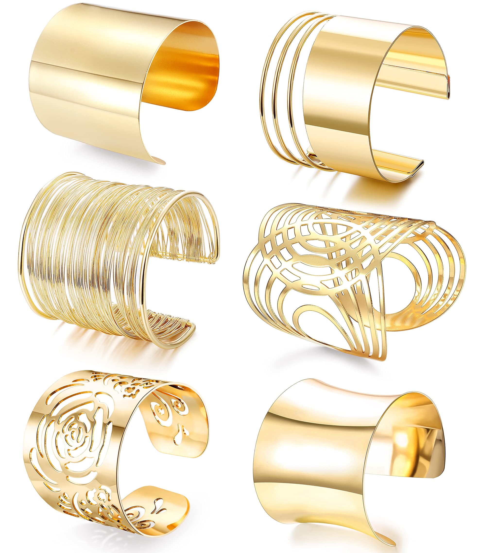 SAILIMUE 6 Pcs Cuff Bangle Bracelet for Women Gold Cuff Bracelets Open Wide Wire Bracelets Adjustable Sliver Gold-Tone Wrist Cuff Wrap Bracelet