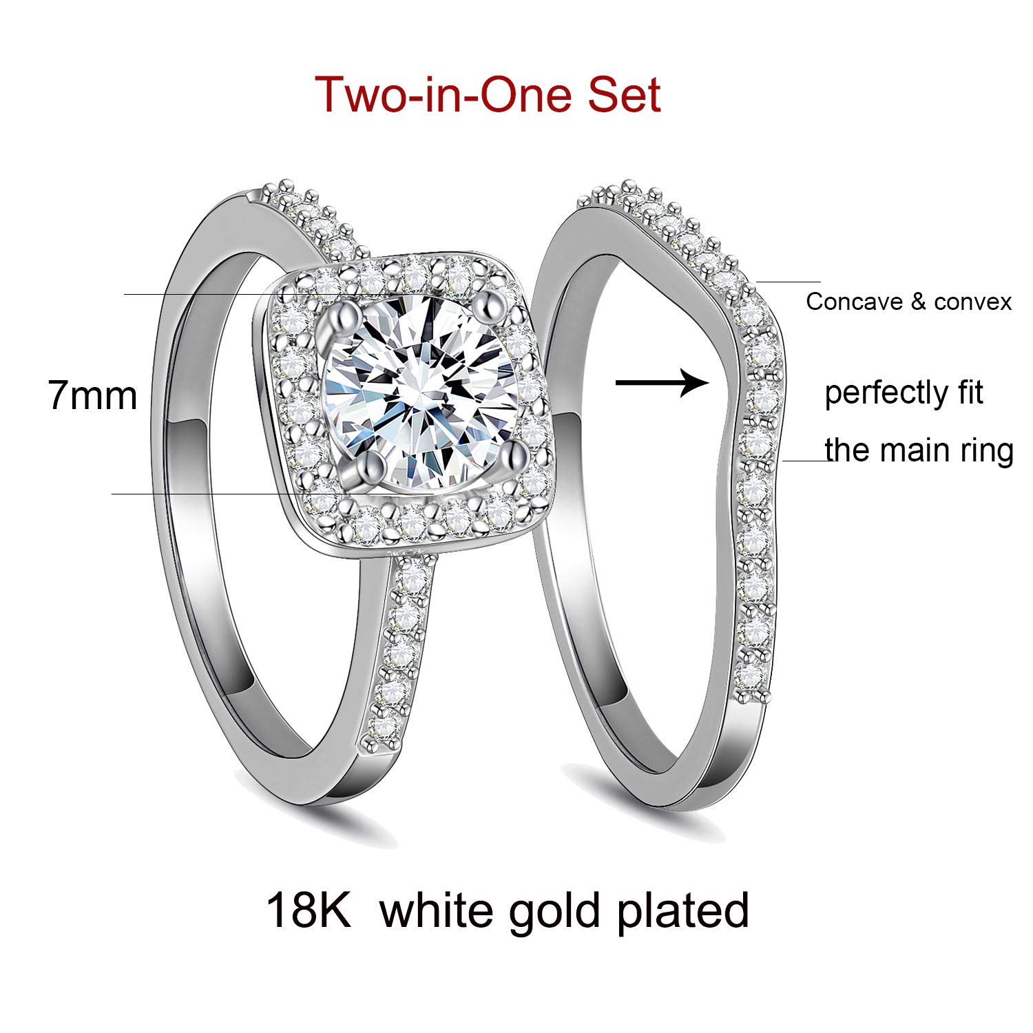 OPOMOMO Engagement Ring Set,18K White Gold Plated Cubic Zirconia Promise Eternity Rings for Women Pack of 2 PCS (5)