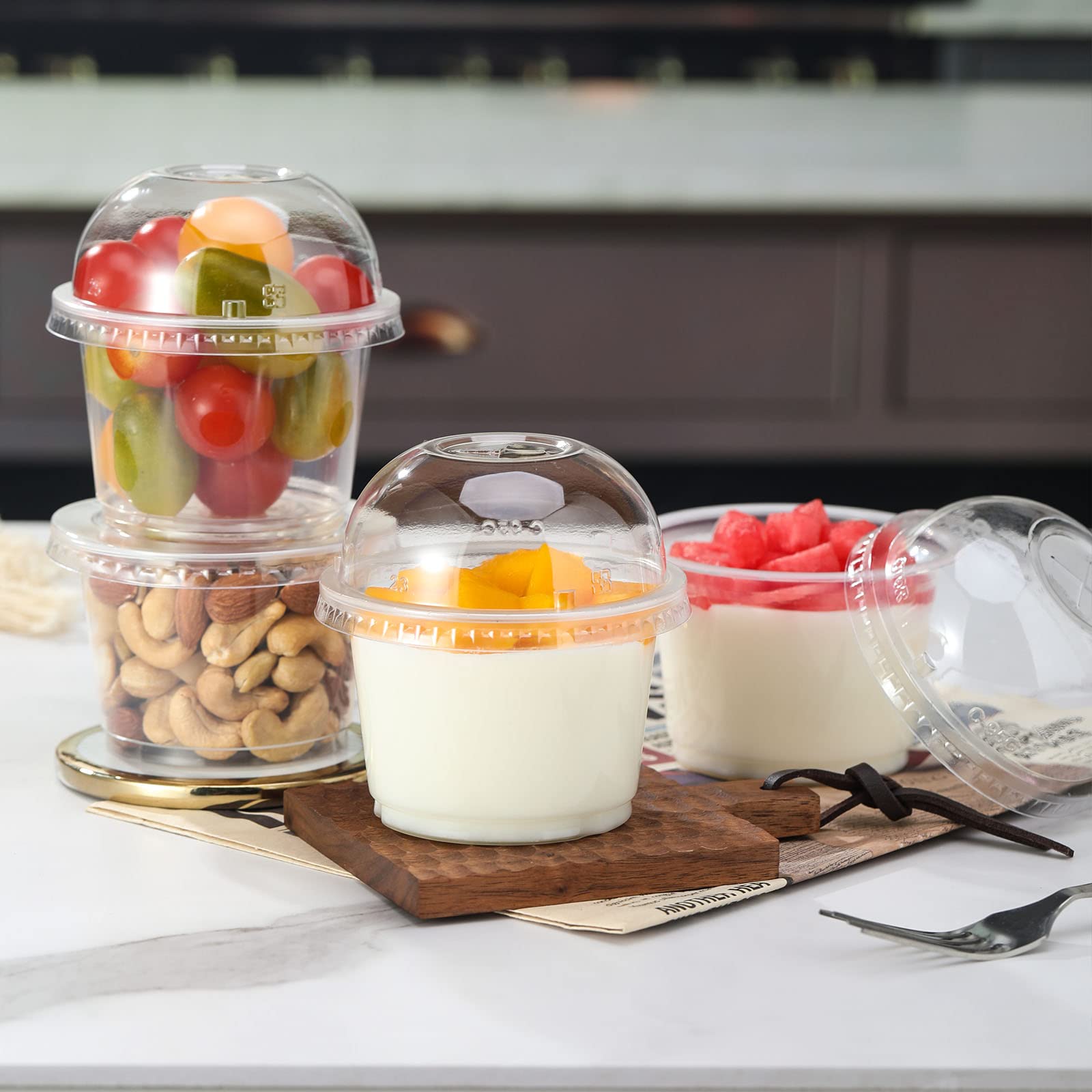 OTOR 8oz Hot/Cold Disposable Plastic Cups with Dome Lids - 50 Sets - Ice Cream Cups, Snack bowl, Take Away Food Container for Dessert Fast food Soup