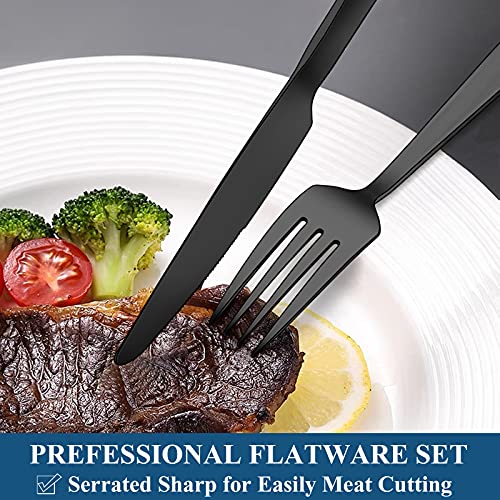 Wildone 40-Piece Black Silverware Set, Stainless Steel Flatware Square Cutlery Set Service for 8, Eating Utensils Include Knife Fork Spoon, Mirror Polished & Dishwasher Safe