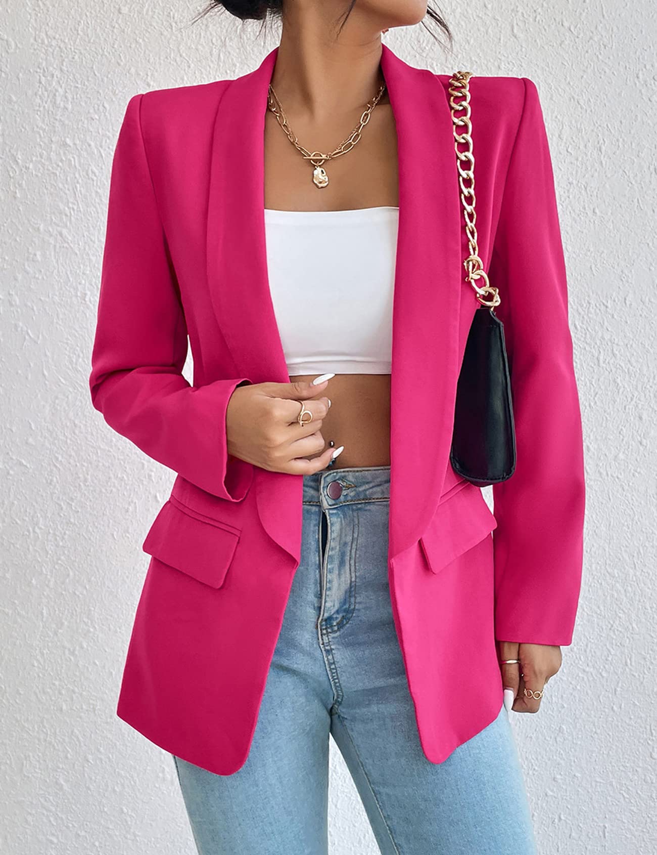 Perbai Women's Long Sleeve Open Front Blazer Casual Shawl Collar OL Work Office Suit Jacket(RosePink-L)
