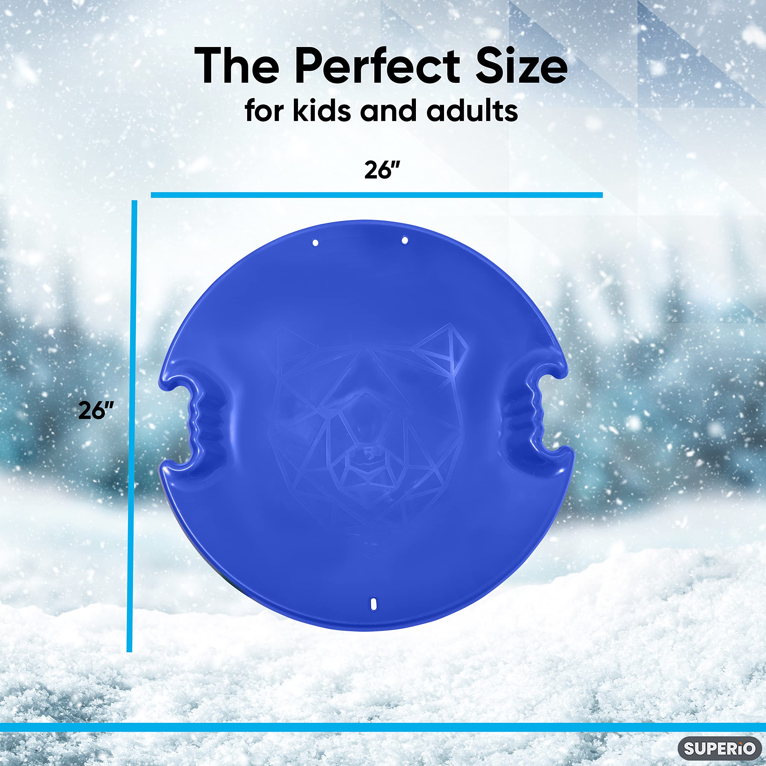 Superio Round Snow Saucer Sleds- 26β Plastic Disc Sleds for Kids and Adults- Heavy Duty Sled Discs with Handles for Downhill Sledding, Winter Outdoor Sports, (Red, Blue)