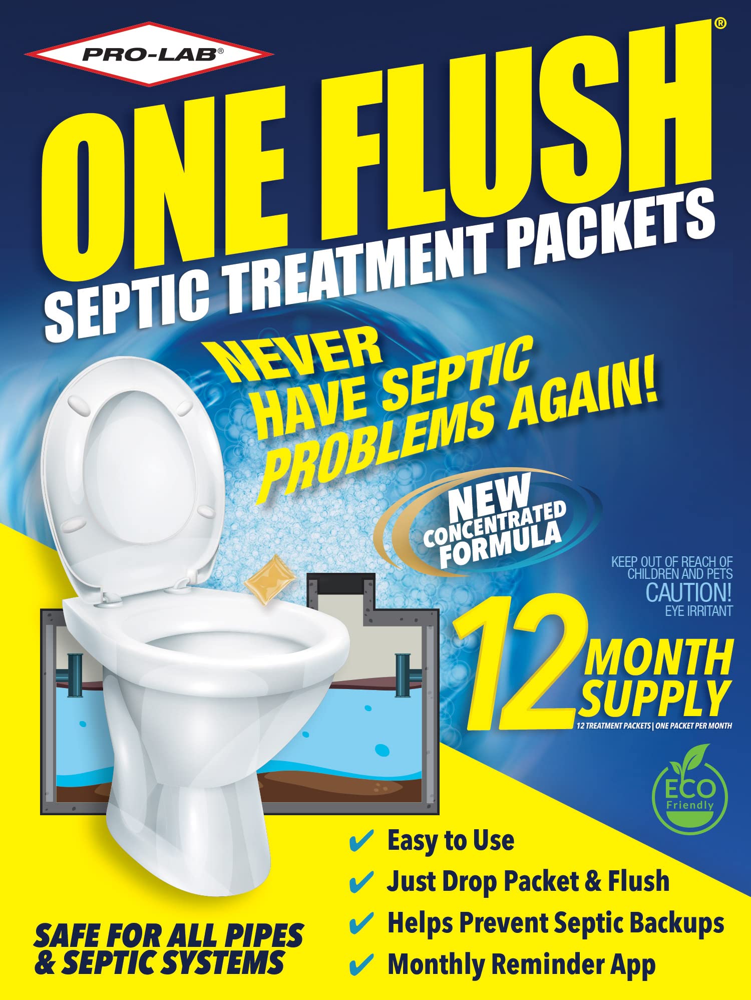 ONE FLUSH - Septic Tank Treatment Packets, 1-Year Supply of Easy-Flush Bacteria & Enzyme Packets - Proactive Prevention for Sewage Backups, Made in the USA