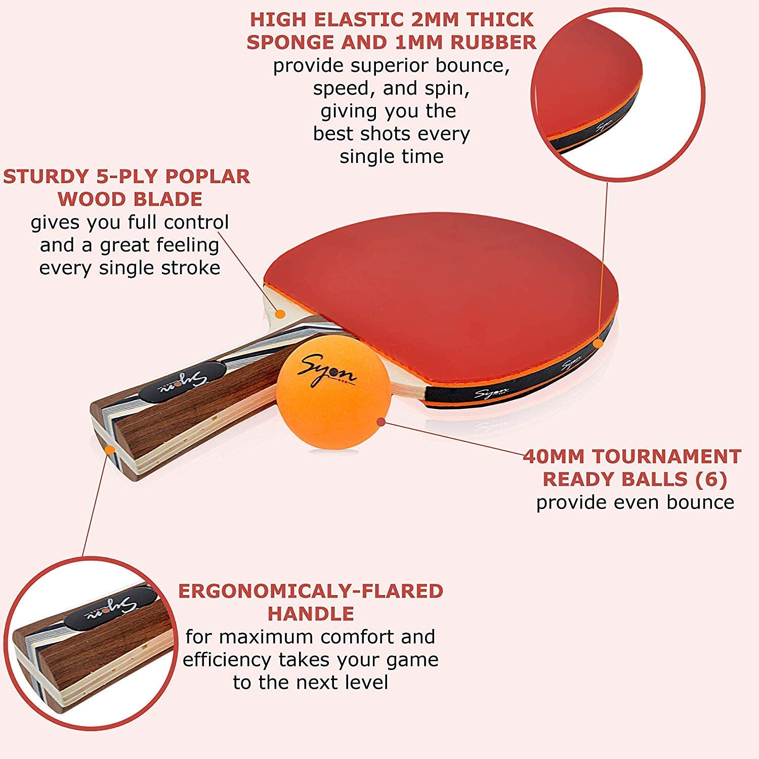 Ping Pong Paddles Set of 4- Innovative Carry Case with Hooks | 8 Balls | Pro 7 Ply Table Tennis Rackets with Accessories