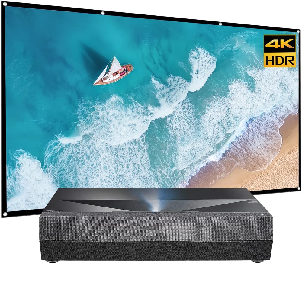 Optoma CinemaX P2 Smart 4K HDR UHD Laser All-in-One Home Entertainment System - Black Bundle with Minolta 120" Home Theater Projector Screen 16:9 Indoor Outdoor Folding with Mount Hooks