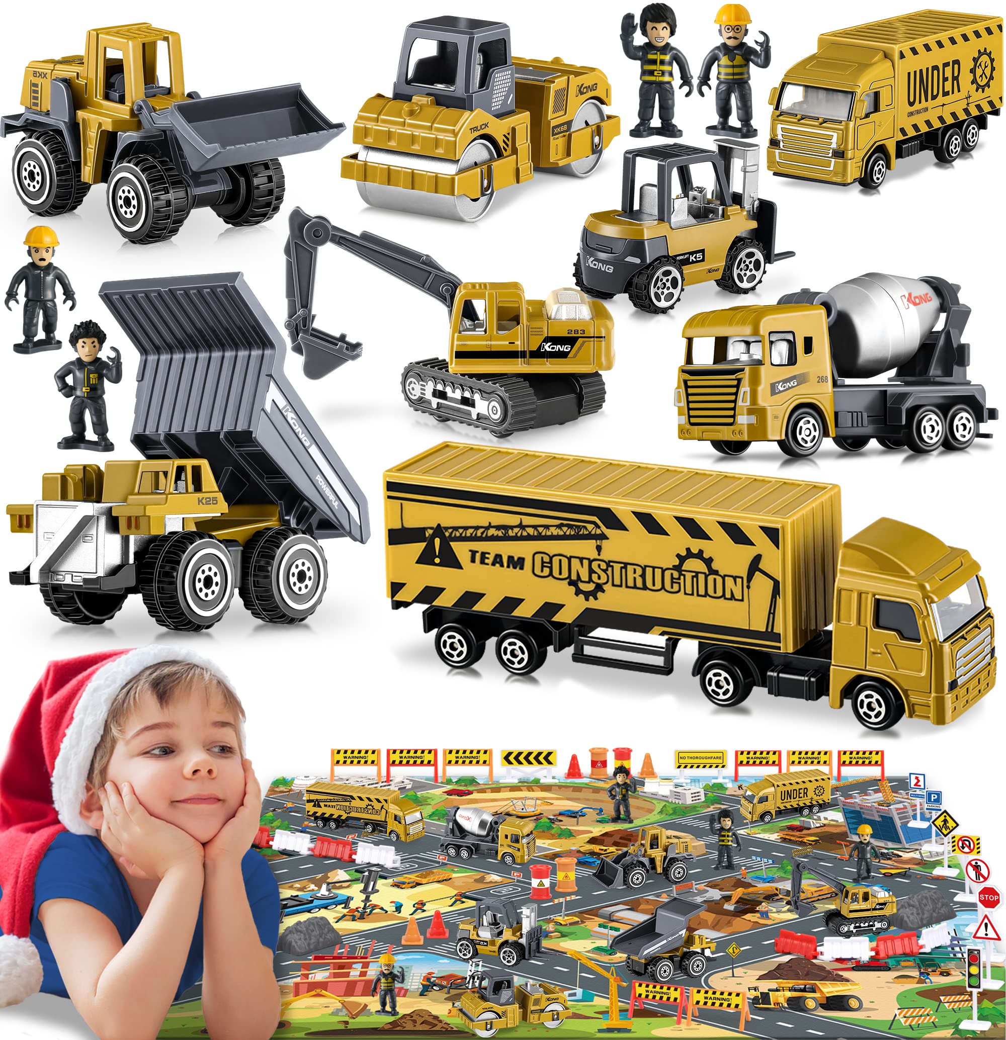 Pull Back Construction Vehicle Toys for Kids, Pull Back Construction Toy Trucks for Boys Age 3 4 5, (45pcs) Small Diecast Construction Site Toys Crane Mat Friction Powered Sandbox Dump Truck Gift