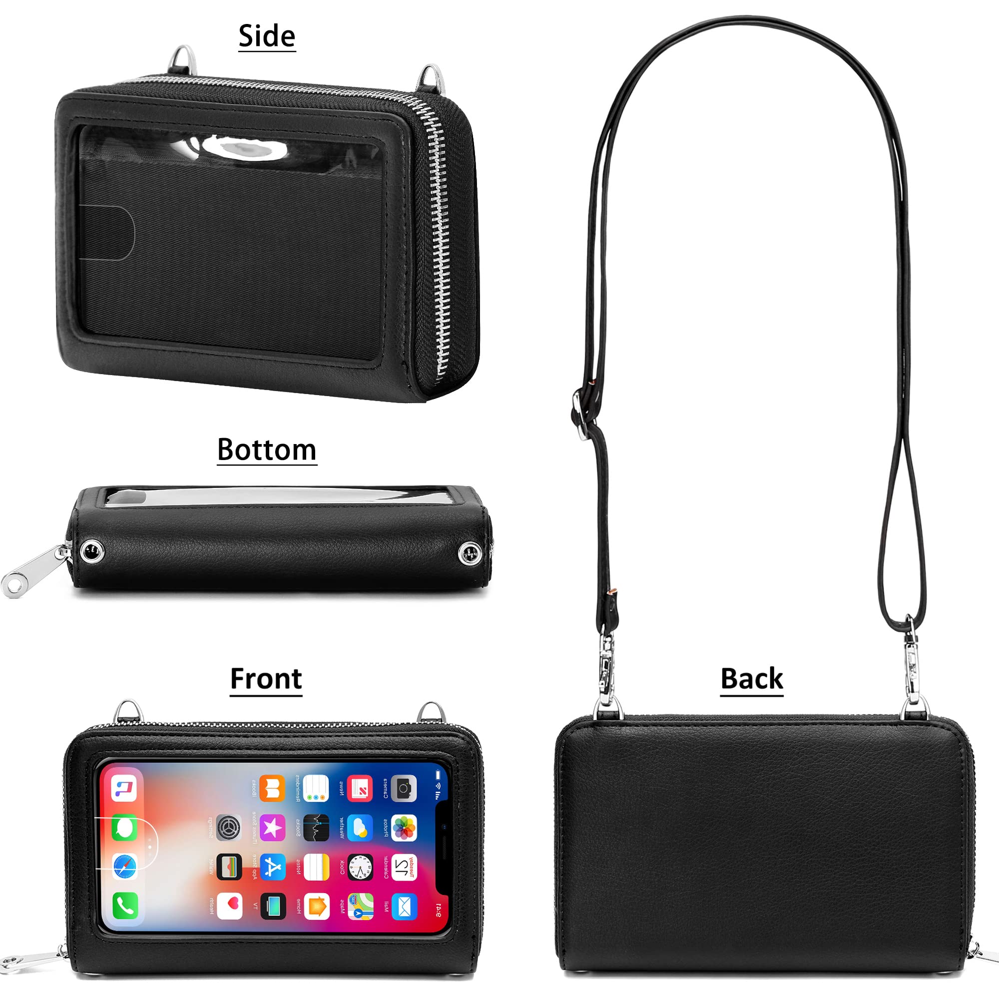 Small Purses for Women Cell Phone Crossbody Bag Large Capacity Wallet Zip Around with Clear Window and Wristlet(Black Thumb Hole)