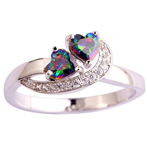 Psiroy Women's 925 Sterling Silver Created Rainbow Topaz Filled Heart Promise Rings Size 8