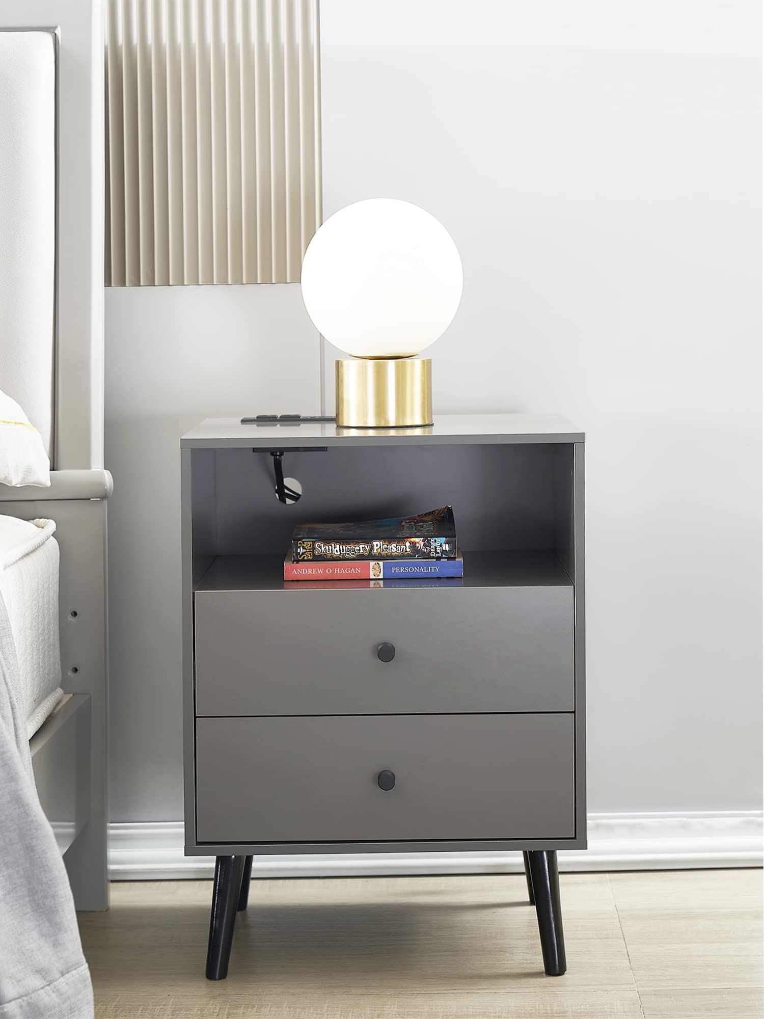 OBRICOL Night Stand,Charging Station Side Table, Functional End Table for Bedroom,Living Room (Grey)