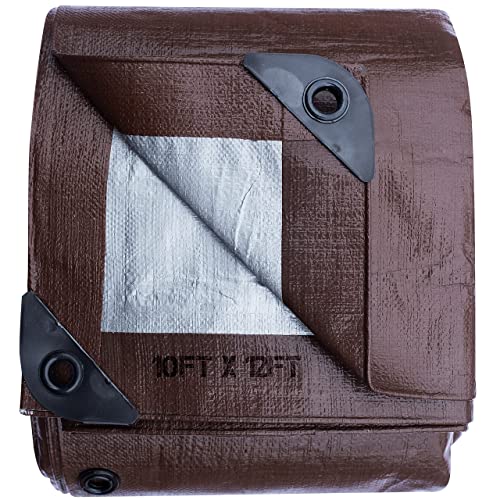 Tarps Heavy Duty Waterproof - Tarp Cover Brown/Silver, Thick Material, Tear Proof, UV Resistant, Heavy Duty Edges, Boat Tent, RV or Pool Cover 10x12