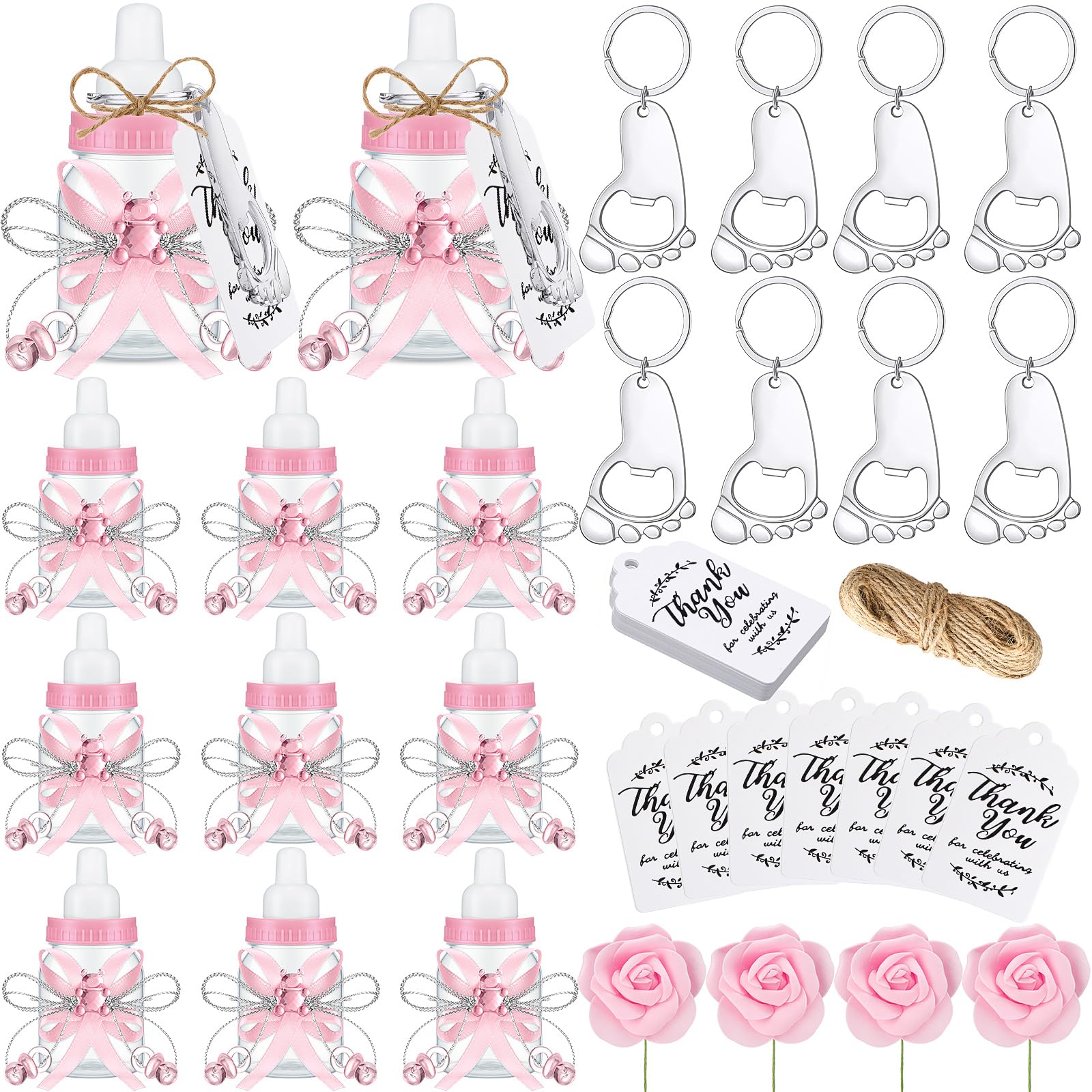 Sunnyray 40 Pcs Baby Shower Bottle Favor 12 Pcs Mini Milk Bottles 12 Pcs Baby Footprint Keychain Bottle Opener 12 Pcs Thanks Tags 4 Pcs Artificial Flower for Boy Girl Newborn Baptism (Pink, Silver)