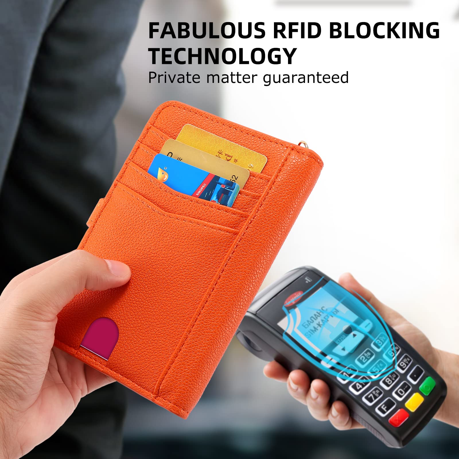Small Womens Wallet Airtag RFID Blocking Leather – Holds Two Passports for Travel–Compact Bifold Clutch Credit Card Case with ID Window,Wrist Strap - Awesome Anniversary,Birthday Gift Choice - Orange