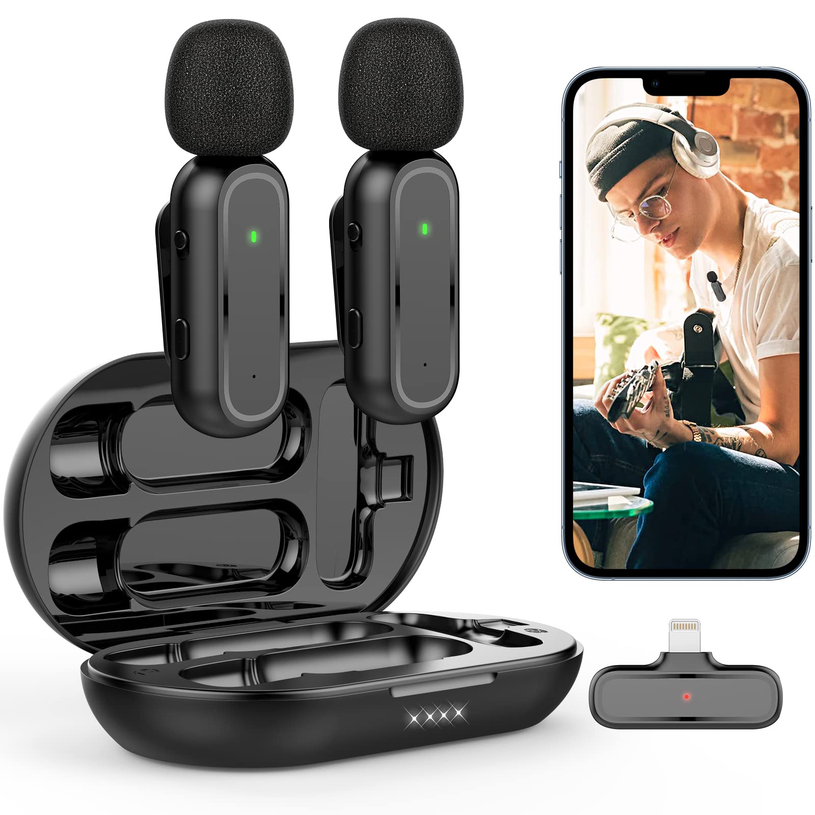 Wireless Lavalier Microphone for iPhone iPad, Portable Wireless Microphones with Charging Case, Over 7 Hours of Battery Life for Vlog, Interview, YouTube, TikTok