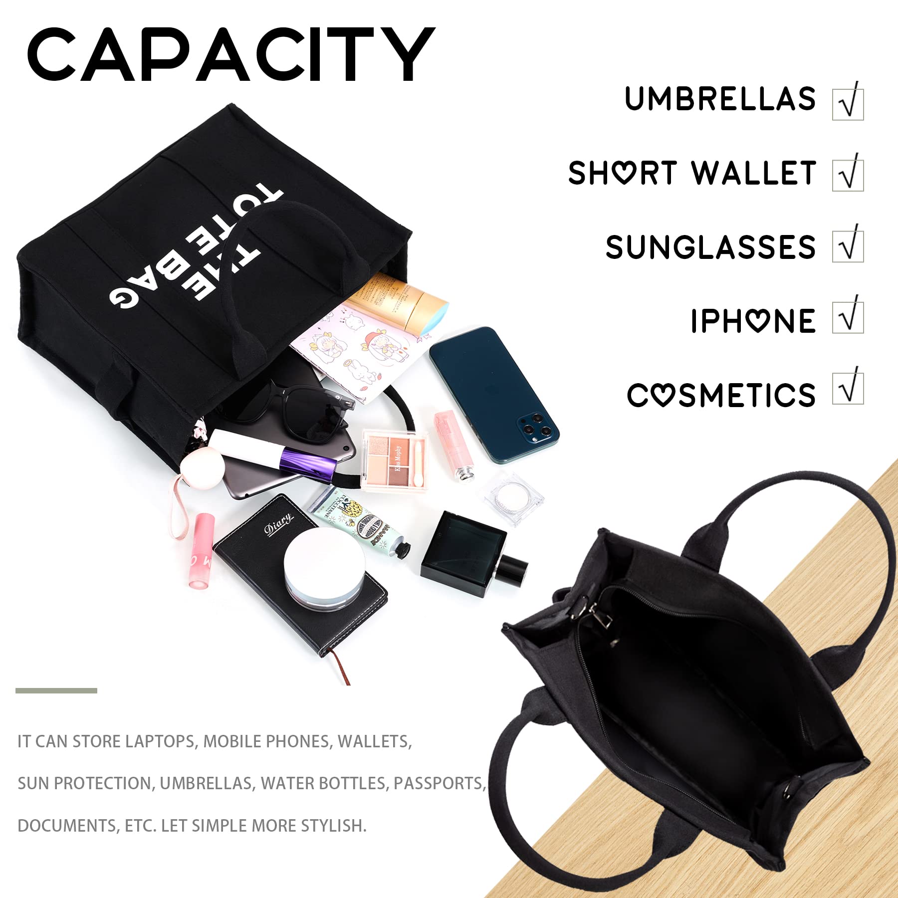 Ocebay The Medium Tote Bag for Women or Men - Bag The Popular of Classic Elements for Years to Come, Black
