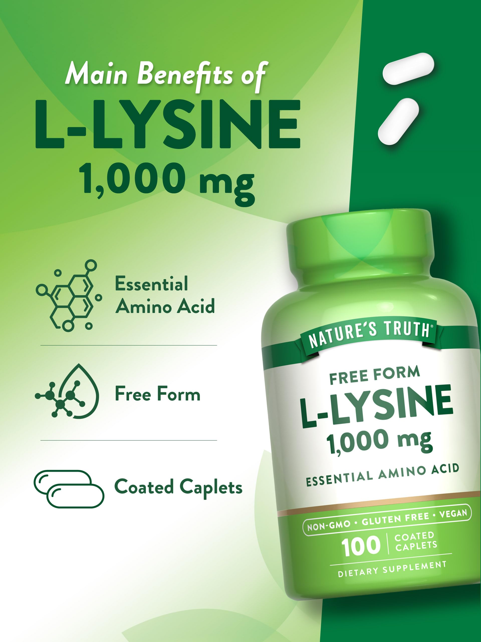 Nature's Truth L Lysine 1000mg | 100 Coated Caplets | Free Form | Vegetarian, Non-GMO, & Gluten Free Supplement