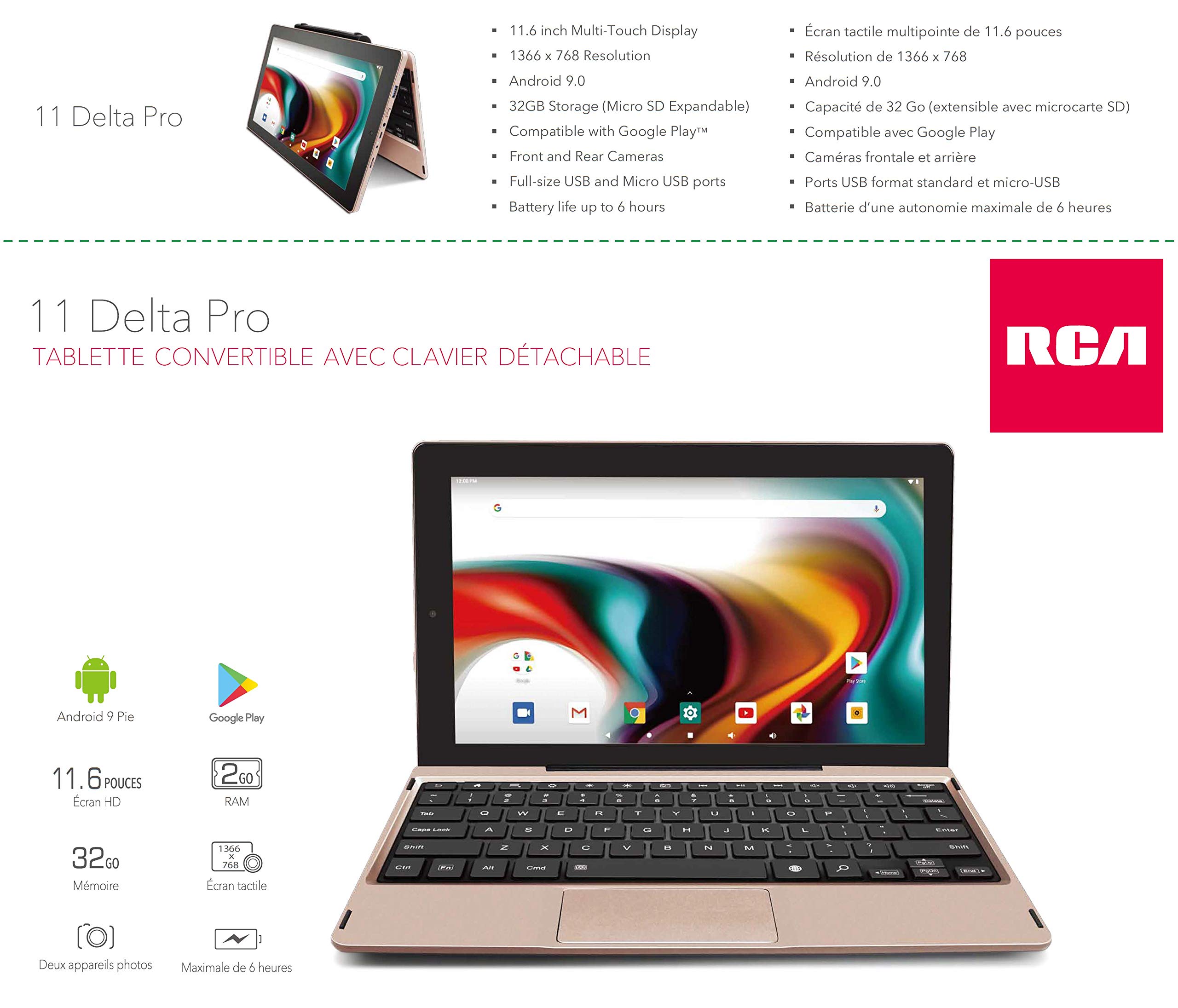 RCA Newest Best Performance Tablet Quad-Core 2GB RAM 32GB Storage IPS HD Touchscreen WiFi Bluetooth with Detachable Keyboard Android 9 Pie (11.6", Rose Gold)