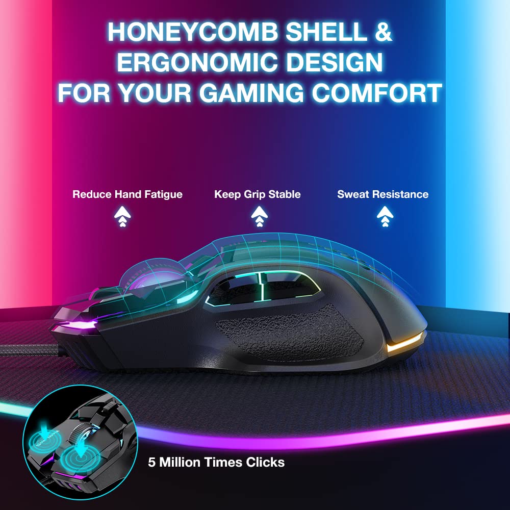 WolfLawS Wired Gaming Mouse, Computer PC Gaming USB Mice with 12 RGB Backlit Modes, High-Precision Adjustable 12800 DPI, 10 Programmable Buttons, Ergonomic Plug Play Gamer Mouse for Laptop Mac