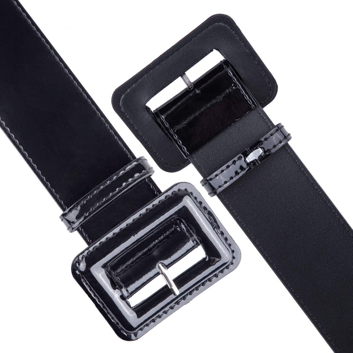 Samtree Retro Wide Patent Leather Belt for Women, Square Buckle Grommet Cinch High Waist Belt for Dress, Black