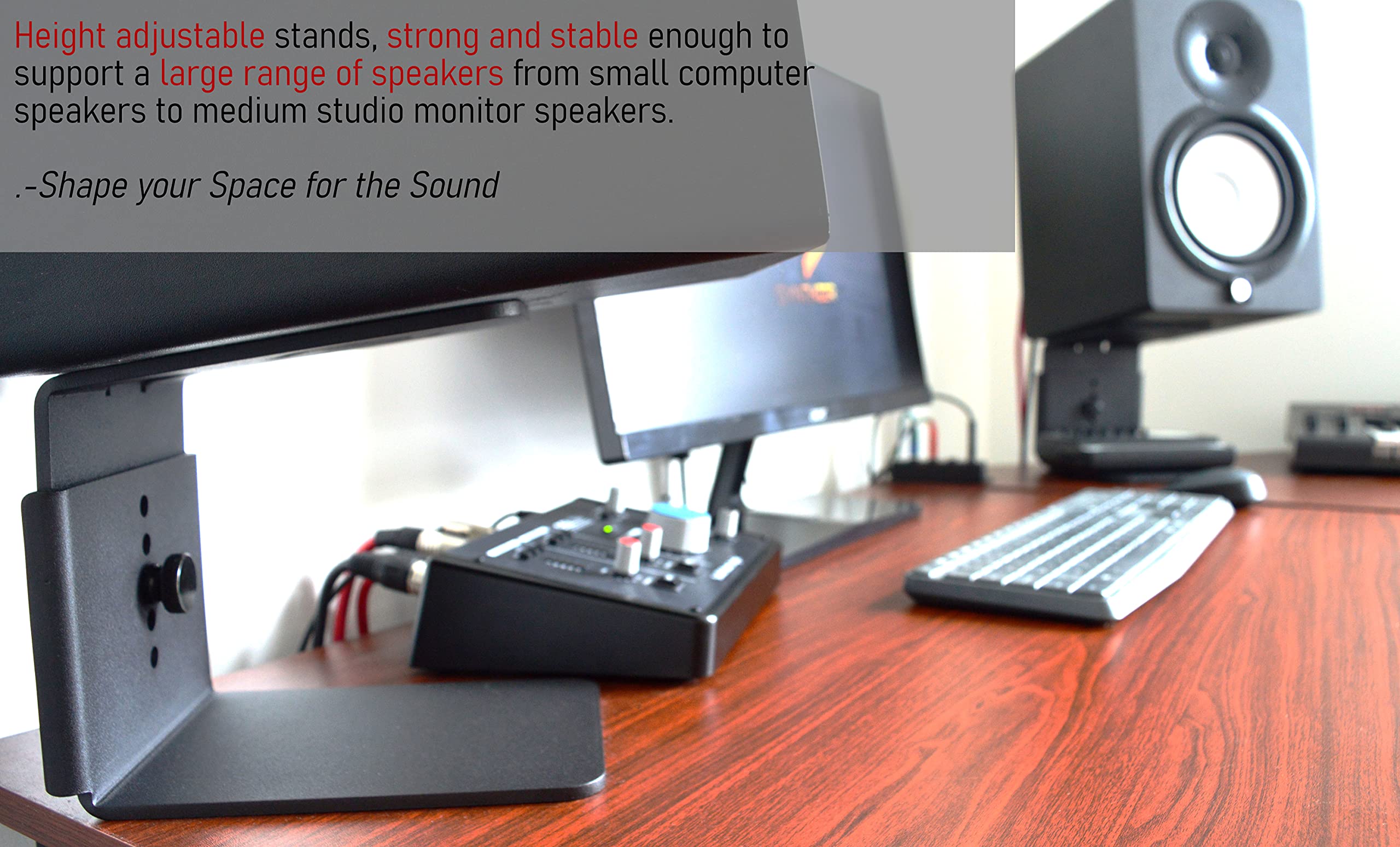 Synthizer Desktop Speaker Stands, Pair of Adjustable Monitor Speaker Riser up to 20lbs Capacity per Desk Speaker Stand with Small Audio Isolation Pads Included (Black)