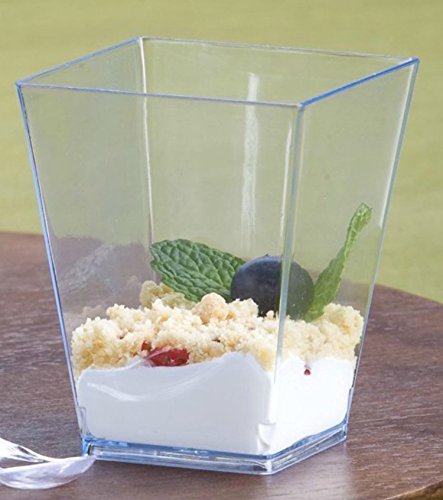 Zappy 50 5 oz Tall Square Clear Dessert Cups and 50 Tasting Spoons Dessert Glasses Shot Glasses Trifle Bowl Clear Disposable Plastic Dessert Tumbler Cups Party Cups