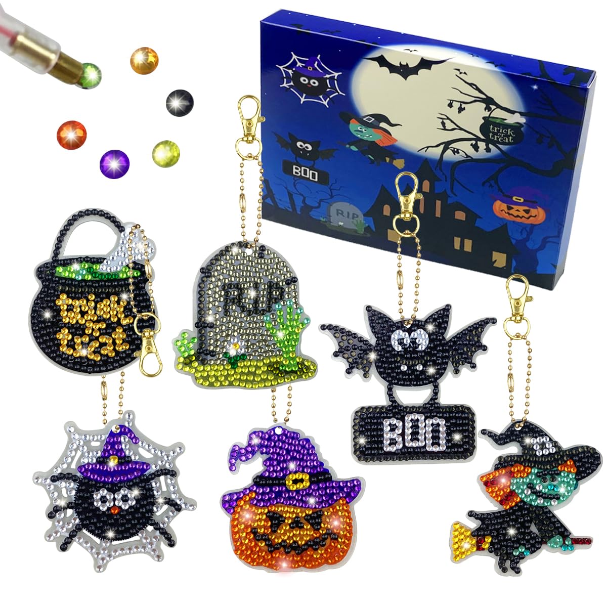 QINGQIU Halloween 5D Diamond Painting Arts and Crafts Kit for Kids to Make Halloween GEM Keychains