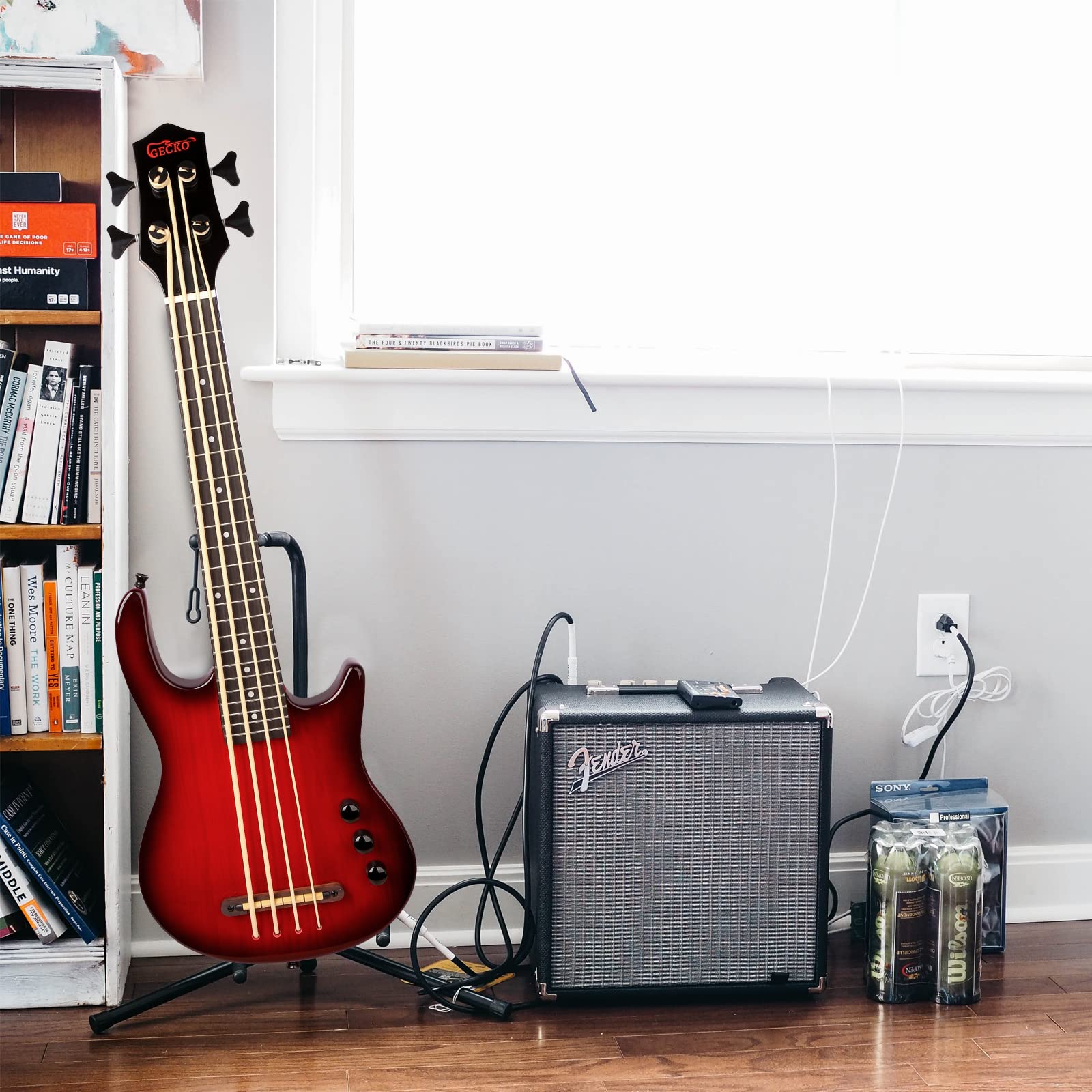 Ukulele Bass, GECKO U BASS, 34 inch Electric Bass 4 String with Strap and Guitar Bag 34 inch (Red)