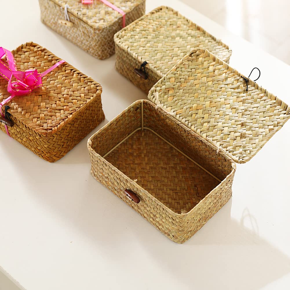 Shelf Storage Baskets with Lid Set of 2 Handwoven Rectangular Box with Cover Household Organizer Seagrass Woven Storage Bins Wicker Basket for Shelf (Natural)