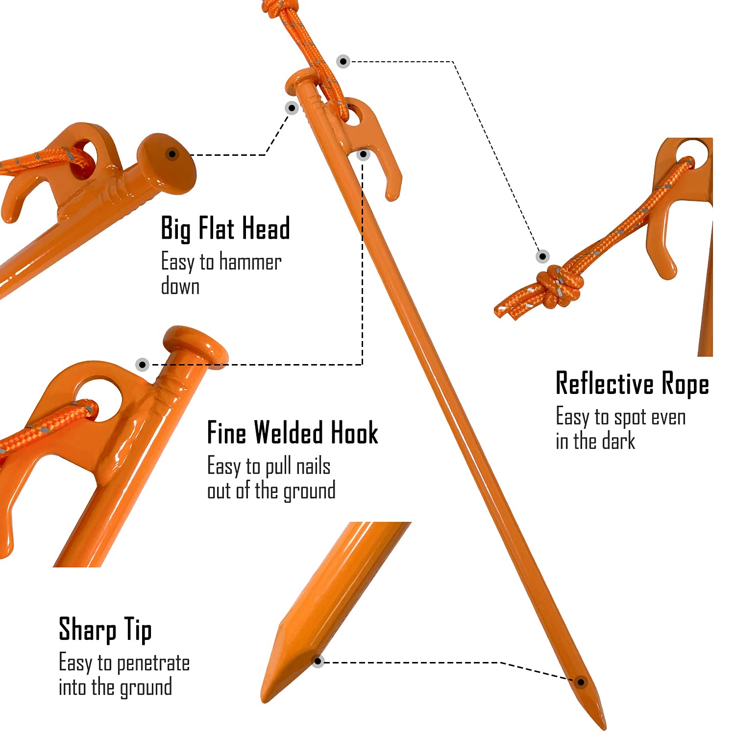 Sutekus Heavy Duty Forged Steel Tent Pegs Metal Tent Stakes with Reflective Pull Cord Solid Tent Anchors and Camping Spikes for Camping Hiking Outdoors, 12"/8PCS (Orange)
