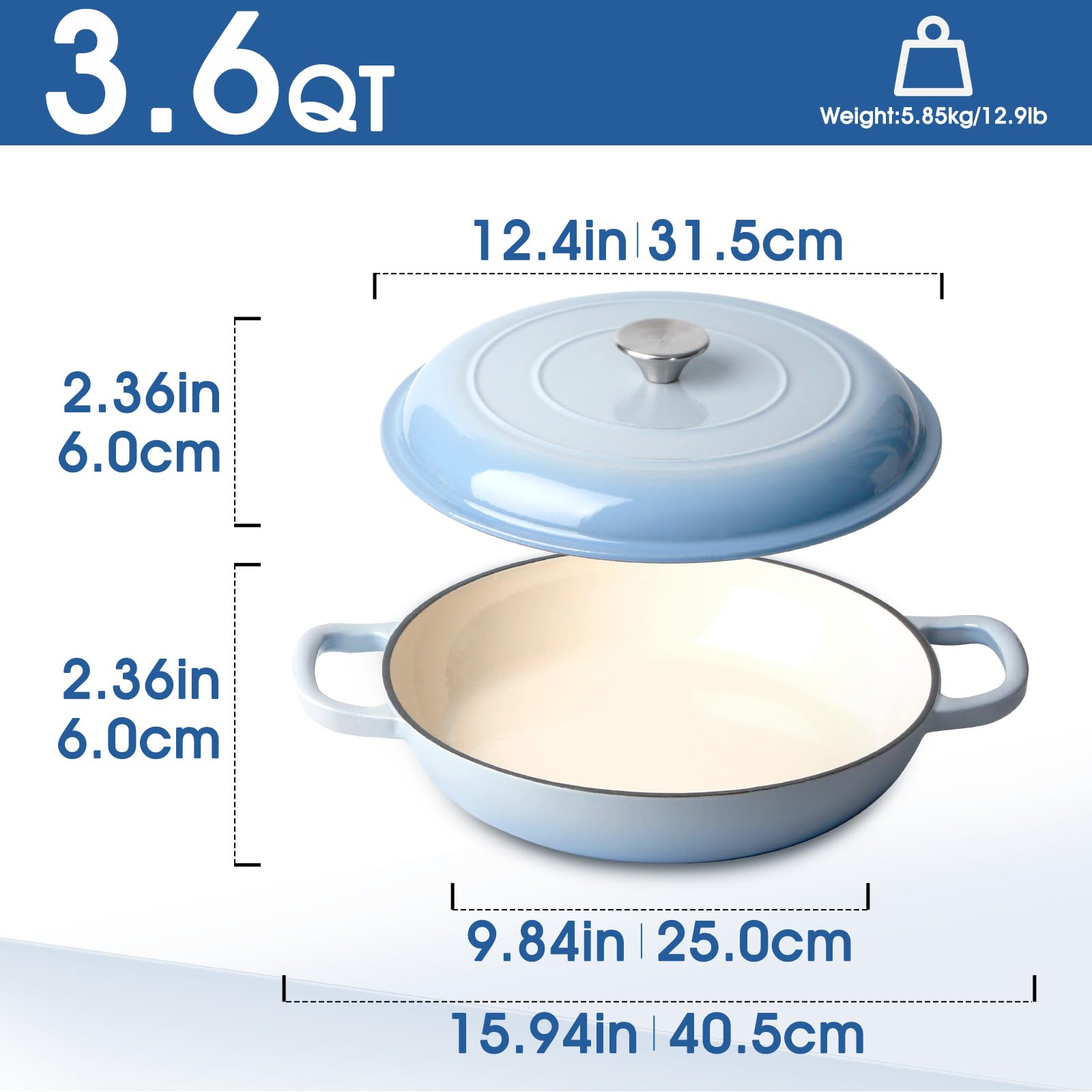 NUTRIUPS 3.6 Quart Braiser Enameled Cast Iron Dutch Oven Pot with Lid, Dutch Oven Cast Iron Non Stick Larger Handle, Cast Iron Braiser Pan with Lid Enameled Dutch Oven (Gradient Blue)