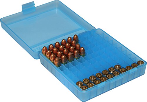 MTM P-100-9-24 Ammo Box 100 Round Flip-Top 9mm 380 ACP, Clear Blue , 5 x 5 x 5"