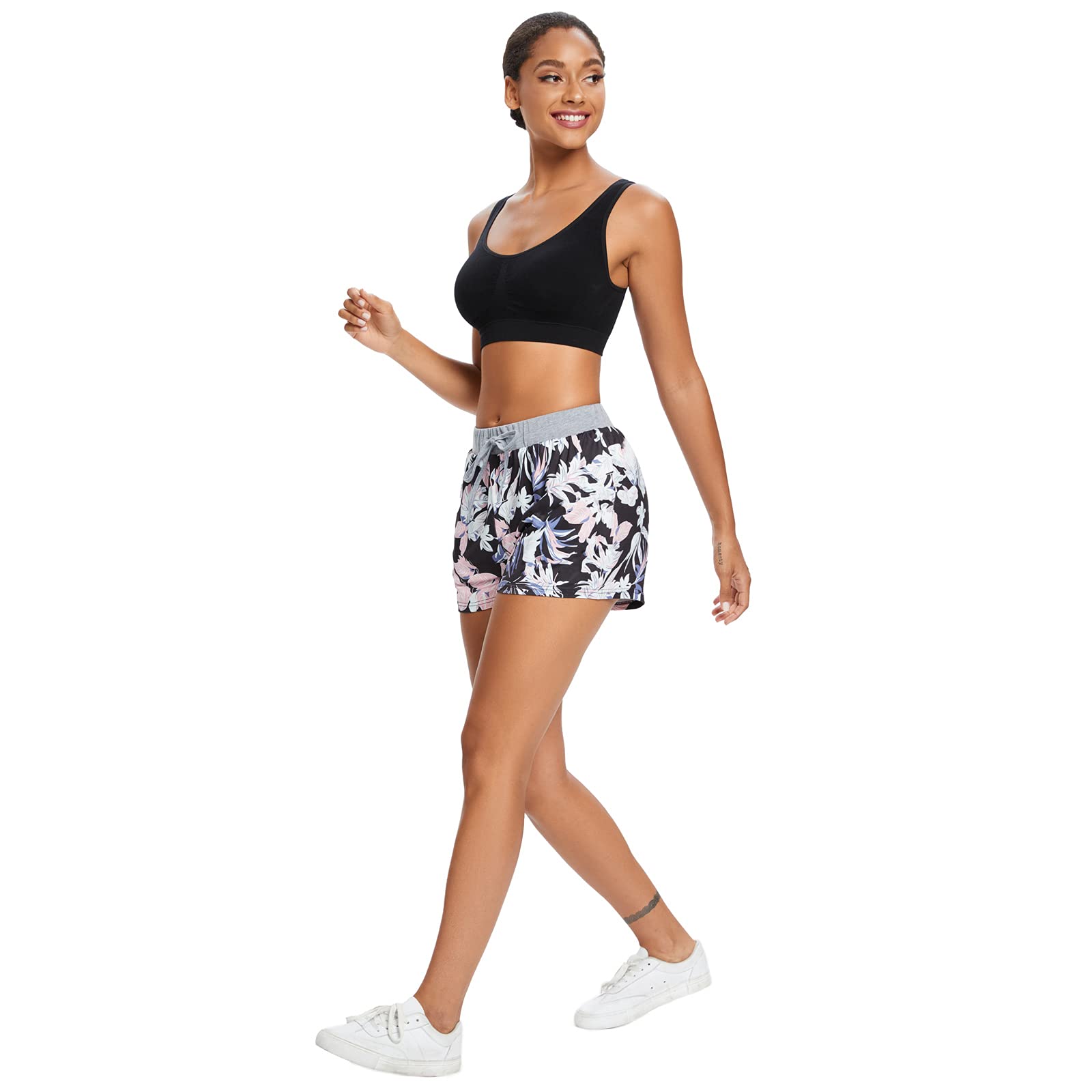 Vegove Women Drawstring Lounging Shorts with Pockets Sport Yoga Casual Activewear Short (2 Pack Floral, X-Large)