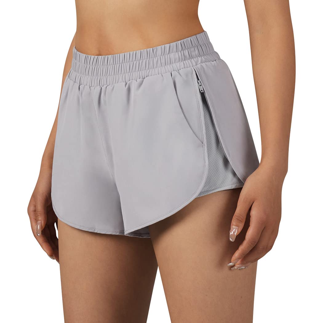 SUUKSESS Women Zipper Side Running Shorts with Pockets High Waist Workout Shorts (Grey, S)