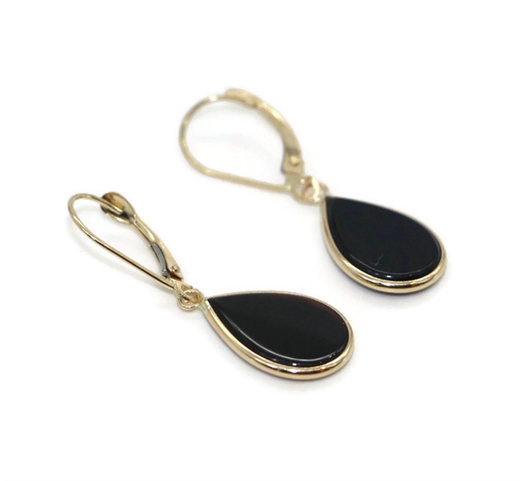 Onyx Black Pear Hanging Earrings set in 14K Yellow Gold,Leverbacks