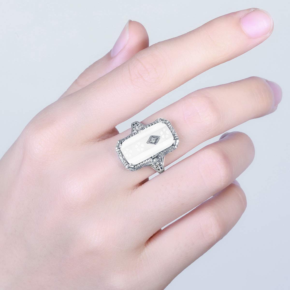 SZINAO White Glass Ring Engagement wedding ring Solid Sterling Silver/Frosted Carved Camphor Glass Edwardian Floral Filigree Ring,With A Box (SIZE 5#-10#) (White, 6)