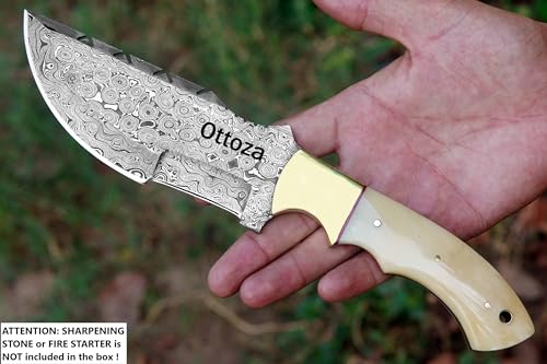 Ottoza Tracker Knife & Bone Handle - Damascus Hunting Knife - Horizontal Carry Knife Sheath 115