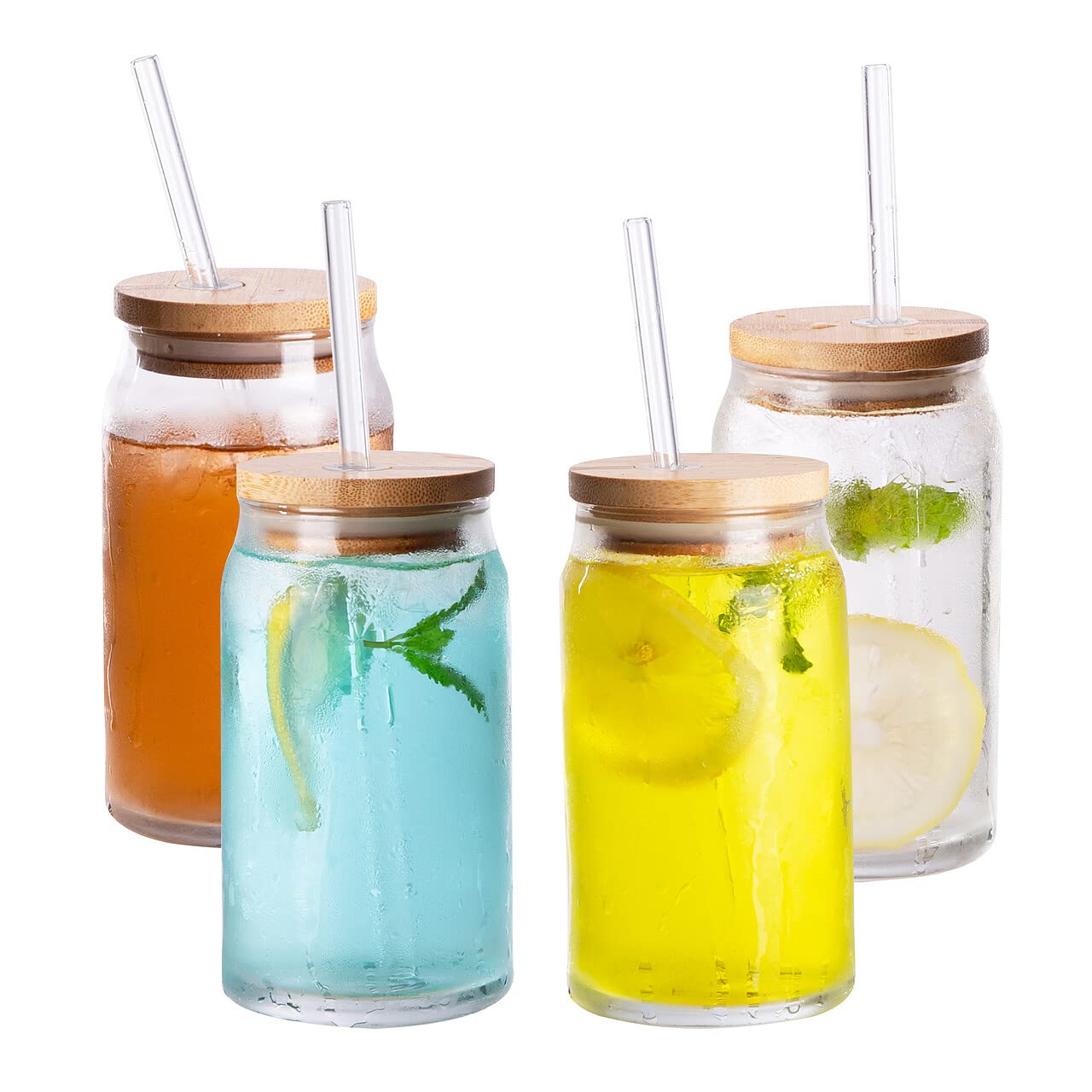SUNNOW Vastto 16 Ounce Glass Cups with Bamboo Lids and Straws,Can Tumbler Glasses,Iced Coffee Cups for Home Dinning, Bar and Party,Set of 4