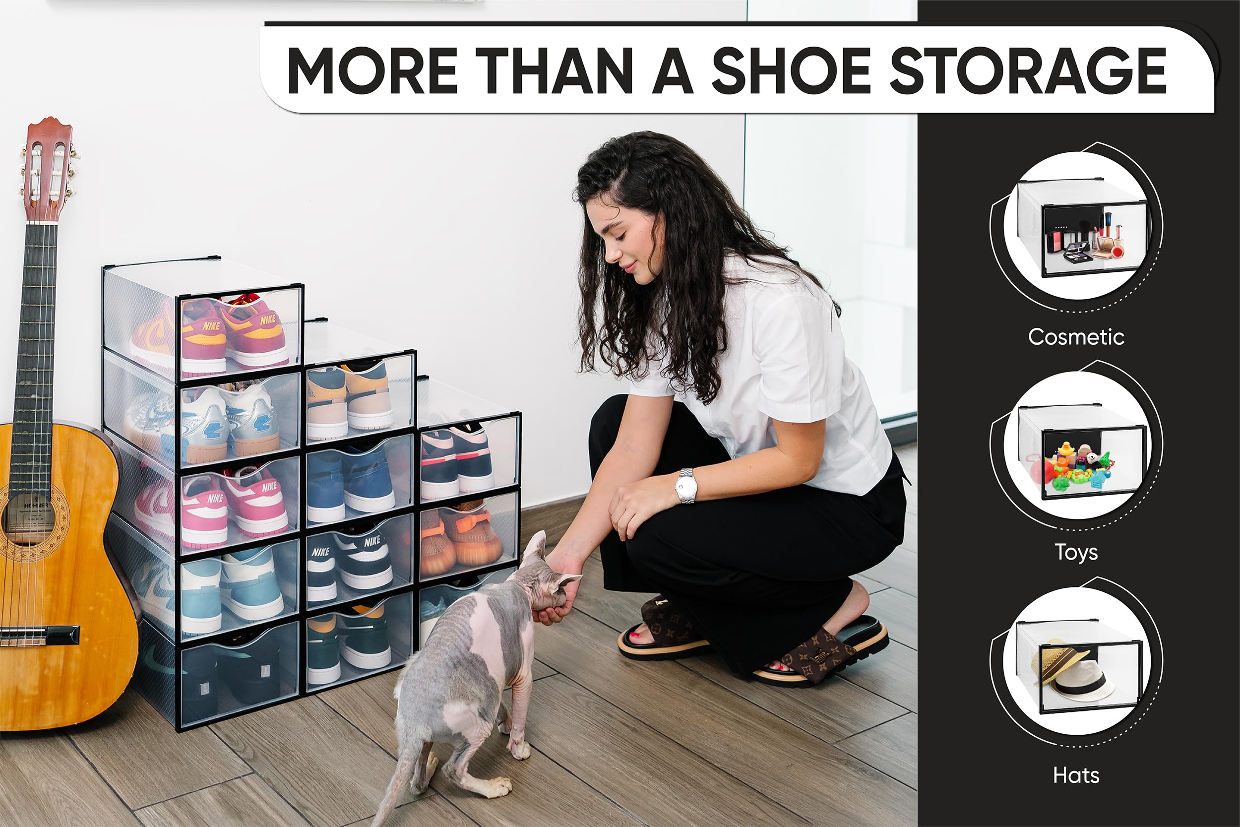 Shoe Storage Cabinet: Closet Organizer and Storage Solution - Shoe Organizer for Closet, Organizador de Zapatos, closet shoe organizer, shoe box, clear shoe boxes stackable, 12 packs + FREE EBOOK !