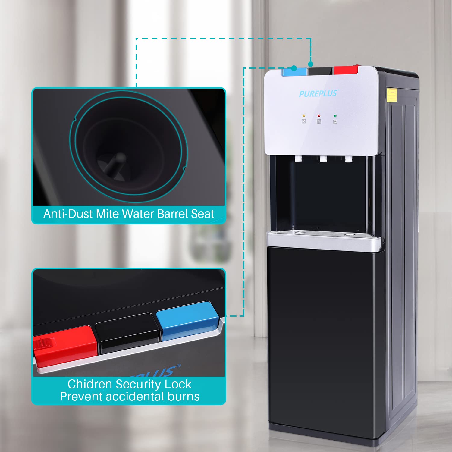 PUREPLUS Water Cooler Top Loading Water Dispenser, Hot Cold & Room Temperature Water, Child Safety Lock, Holds 3 or 5 Gallon Bottles, Compression Refrigeration Technology, ETL Approved, Black