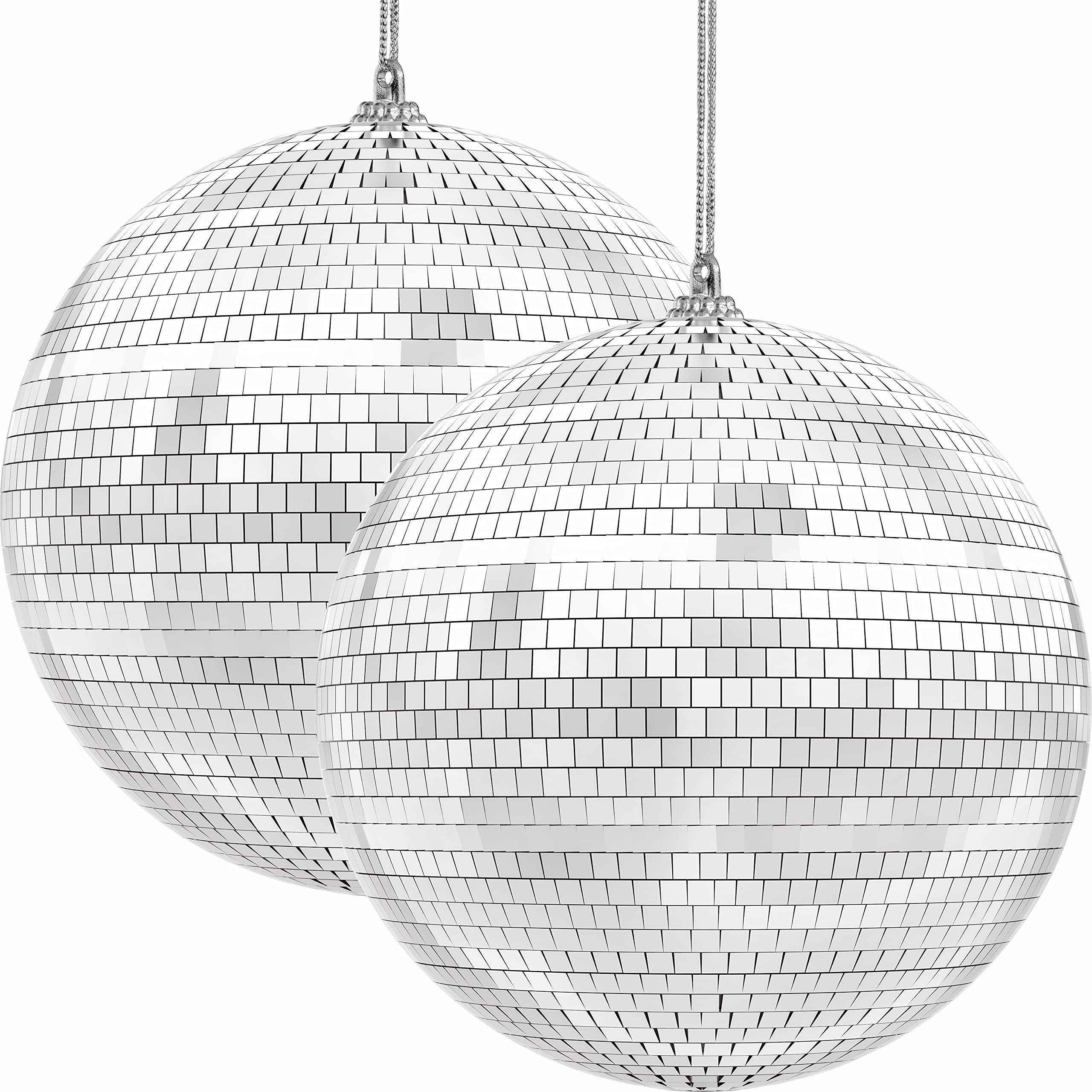 The Dreidel Company Mirror Disco Ball 8" Inch 2-Pack, Silver Hanging Ball with Attached String for Ring, Reflects Light, Fun Party Home Bands Decorations, Party Favor