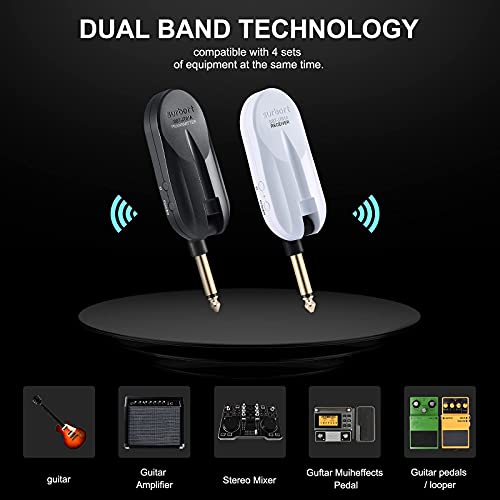 Surbort Wireless Guitar System, 5.1G/5.8G Dual Frequency Transmitter and Receiver, 18H Endurance 30m Transmission Distance with Charging Case,for Electric Guitar、Bass (White)