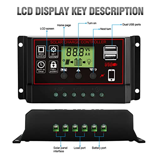 WERCHTAY 60A Solar Charge Controller 12v/ 24v PWM Solar Panel Charge Controller Intelligent Regulator with 5v Dual USB Port Display Adjustable Parameter LCD Display and Timer Setting ON/Off Hours
