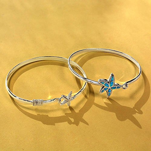 Nautical Starfish Tropical Beach Bangle Bracelet For Women Polished .925 Sterling Silver Eye Hook Clasp