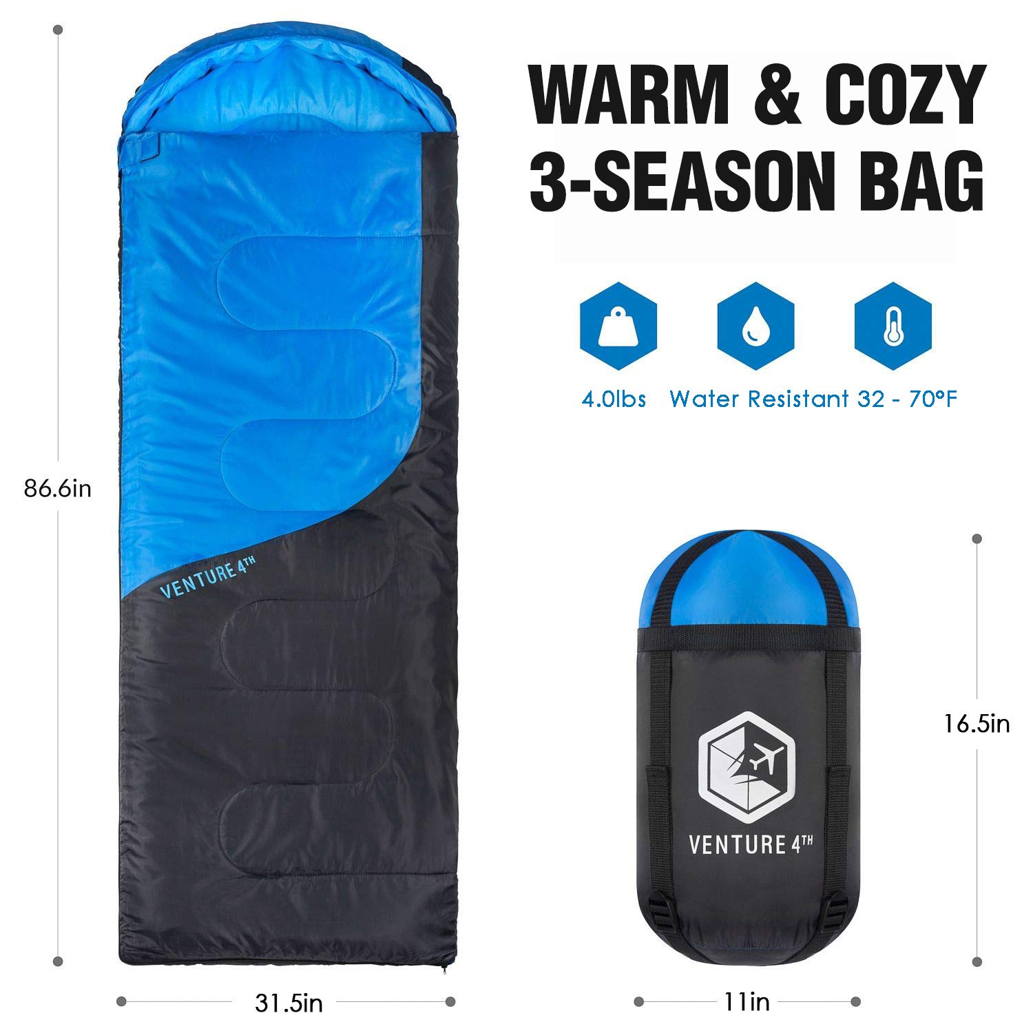 VENTURE 4TH Backpacking Warm Sleeping Bag with Self Inflating Sleeping Pad for Adults & Kids β Ideal for Hiking, Camping & Outdoor Adventures