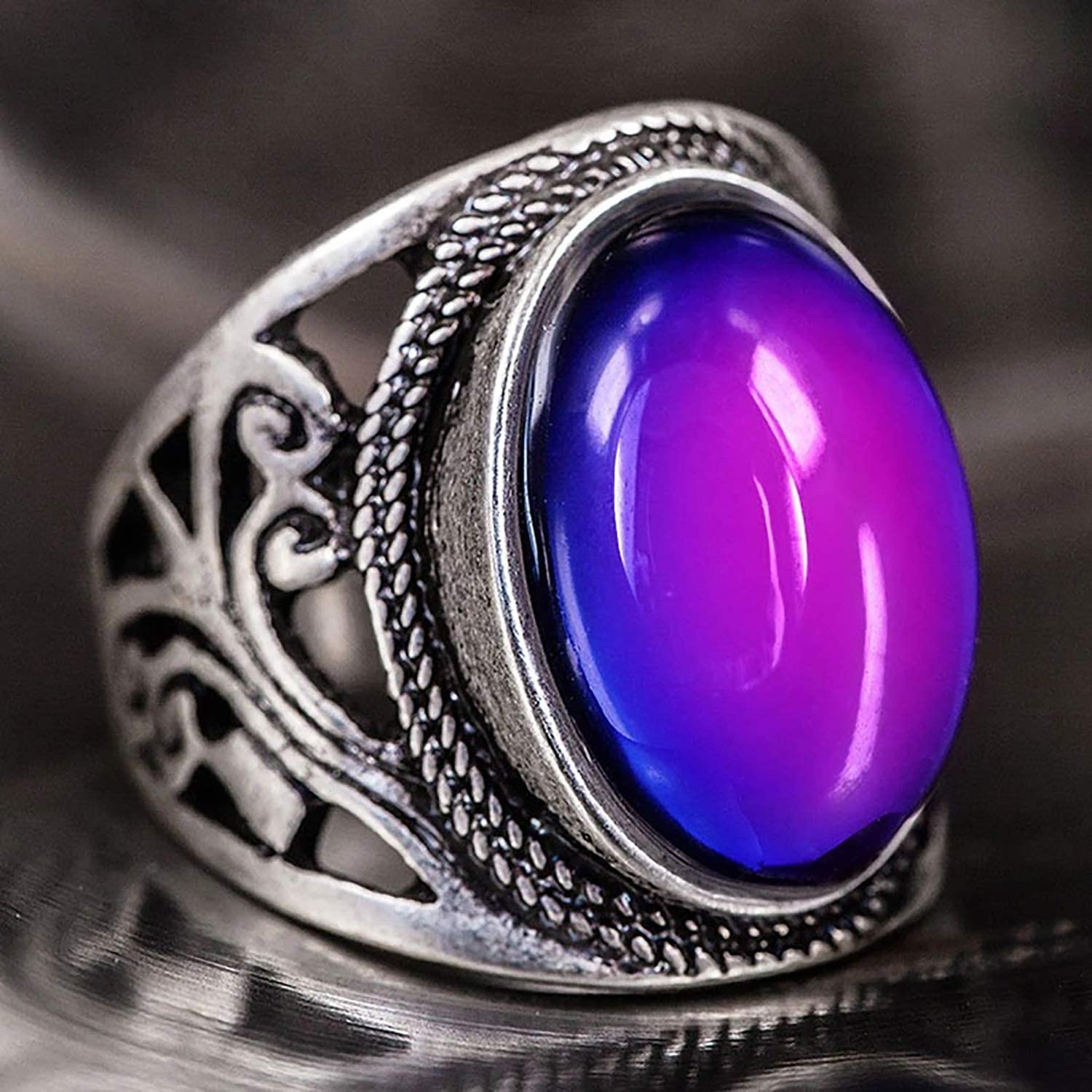 MY MOJOYAS Handmade Sterling Silver Plated Mood Ring with Unique Antique Pattern and Color-Changing Oval Stone for Men and Women Size 9