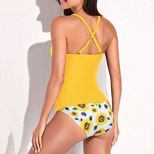 Women Two Piece Swimsuits, Floral Printed Swimdress with Shorts Conservative Drawstring Back Tankini Set