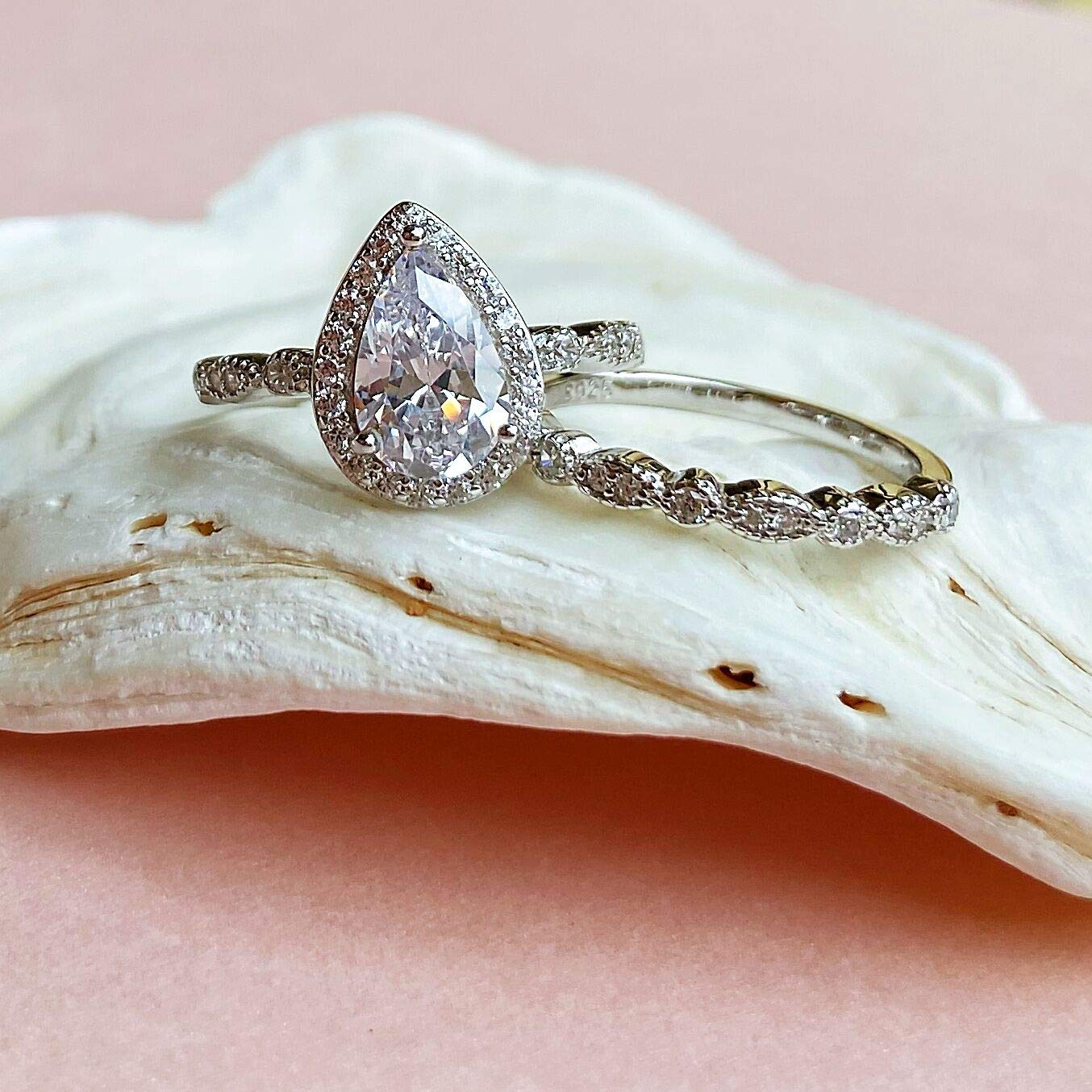 Sterling Silver 9x6mm 1.5 Ct Pear Cut Accented Halo Wedding Ring Band Set Milgrain Halo Bridal Ring Set (Silver, 8)