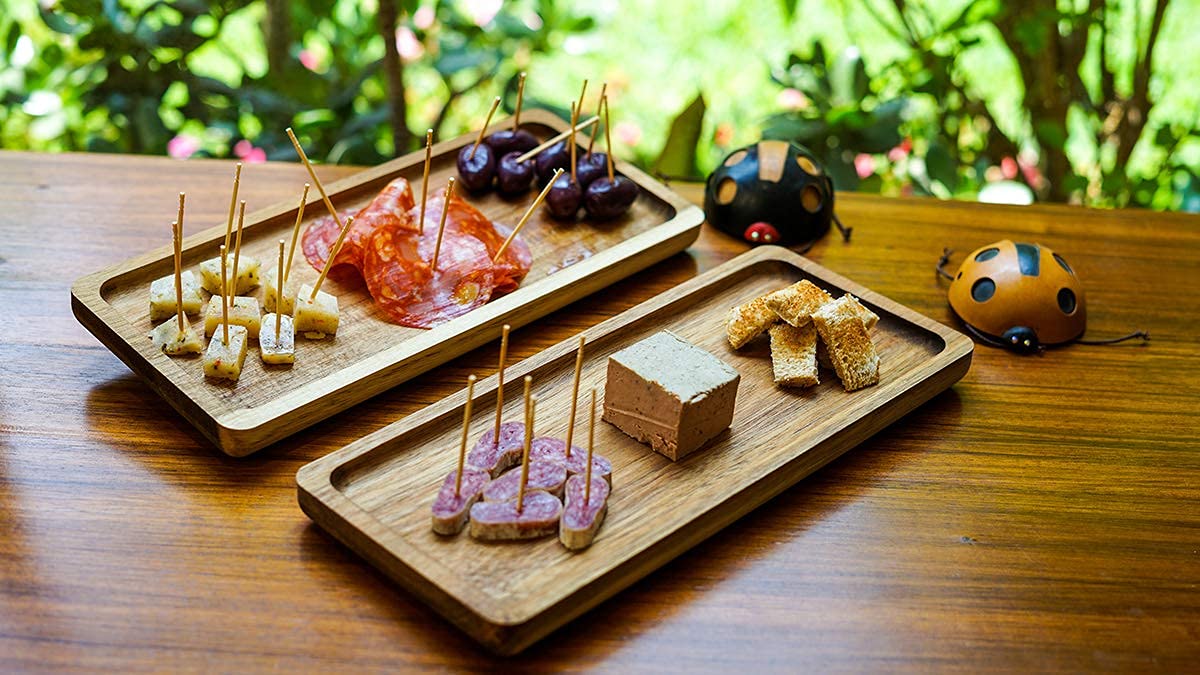 Strova Wood Serving Platters and Charcuterie Trays, Set of 2, Rustic Wooden Servers with Raised Edge, Serve Cheese, Sushi, Holiday Snacks, and More