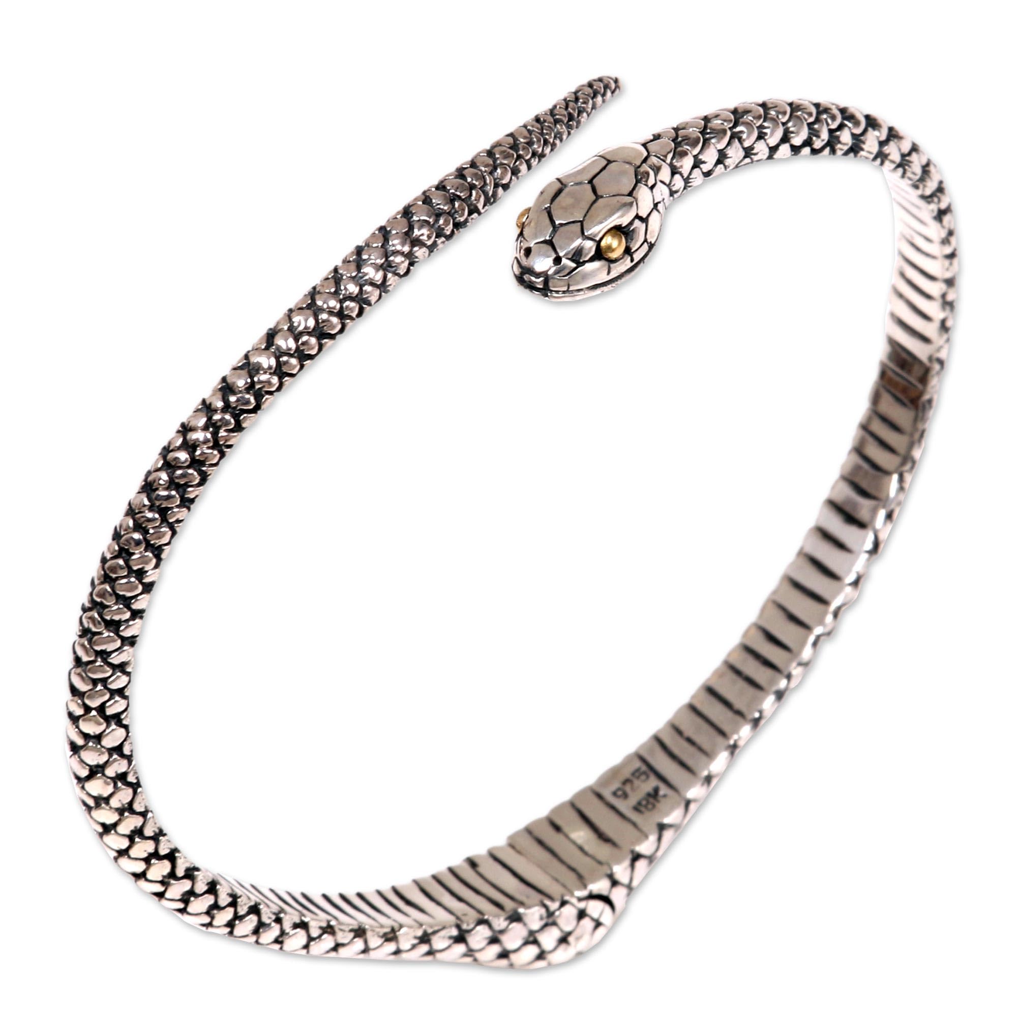NOVICA Artisan Handmade 18k Gold Accent .925 Sterling Silver Bracelet Realistic Snake with Eyes Cuff Indonesia Animal Themed 'Earth Serpent'